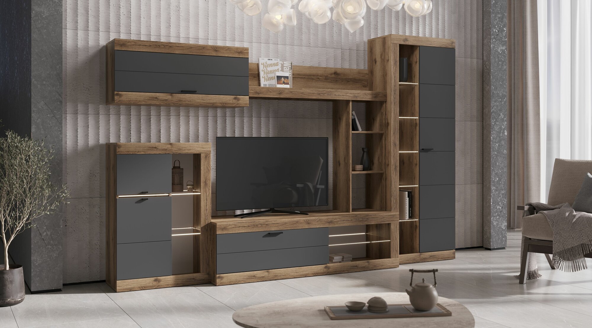 Комплект мебели для гостиной Прага (комп 57) Дуб Делано/Графит Софт