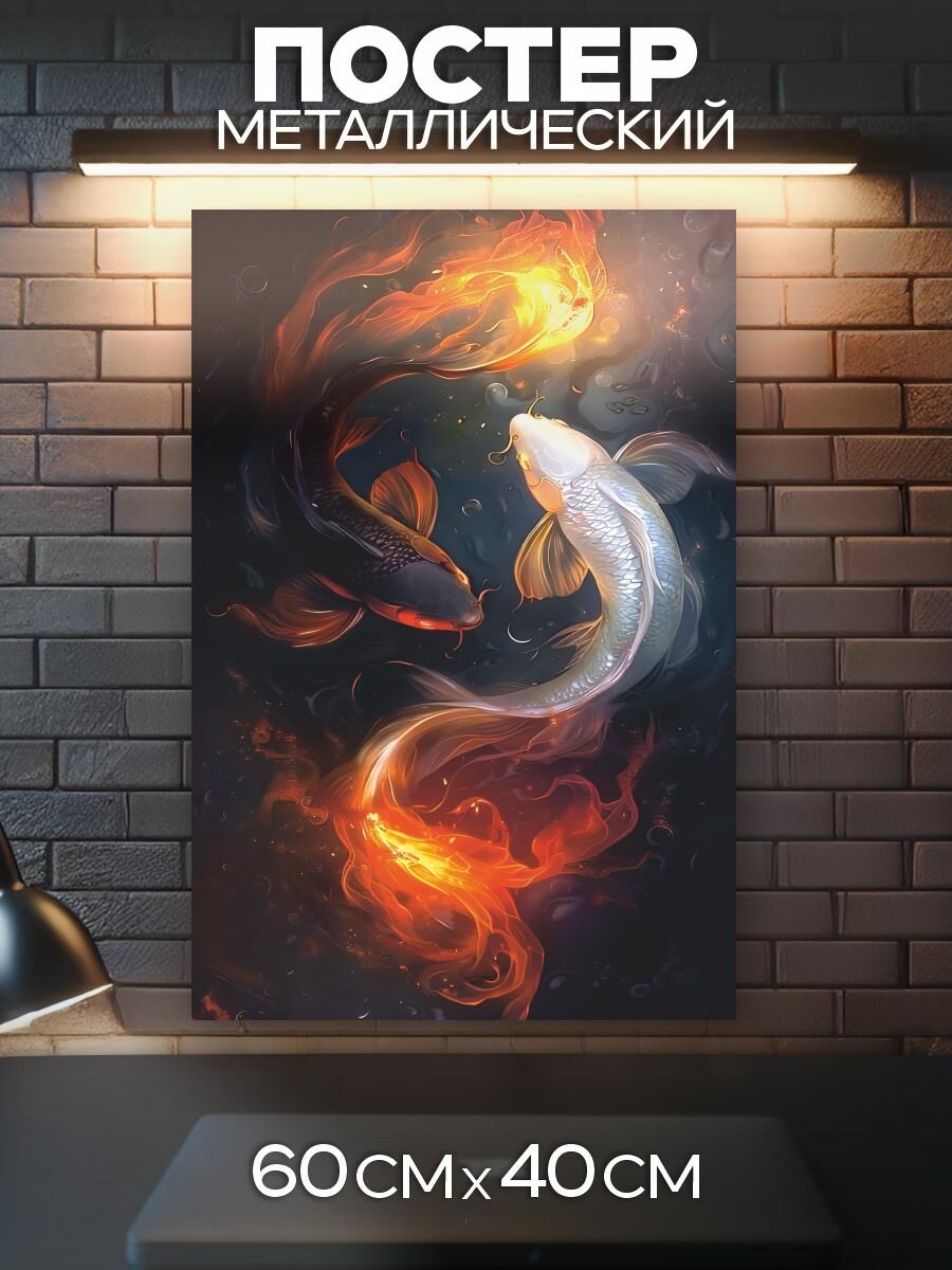 Постер на стену металл Рыбы - инь и ян