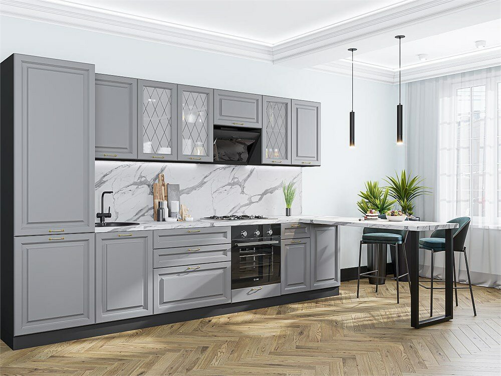 VVT Кухонный гарнитур модульный Ницца-02, каркас ЛДСП Graphite, фасад МДФ/Стекло Графит, 2140*3300*600 Графит