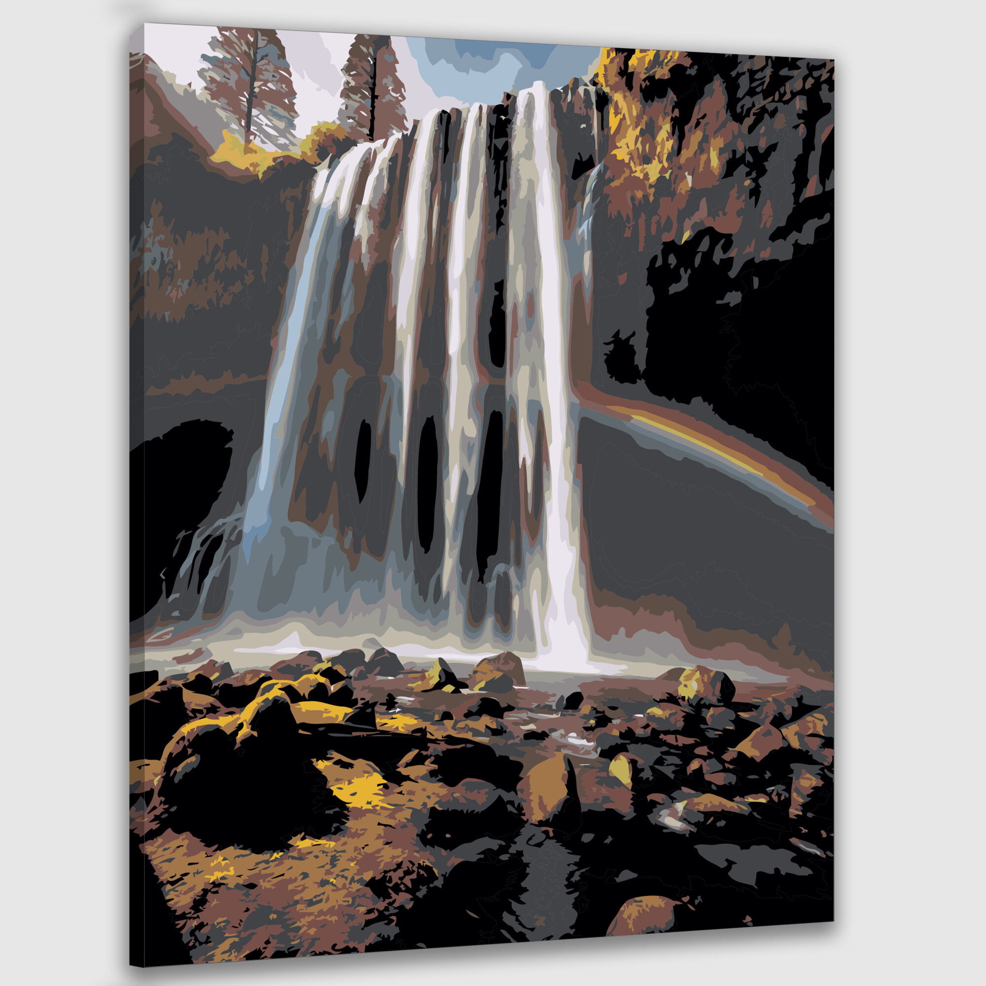 Картина по номерам 40x50 см, водопад, каскад, скалистый утес, бассейн, мощный поток, туман, брызги, свет, радуга