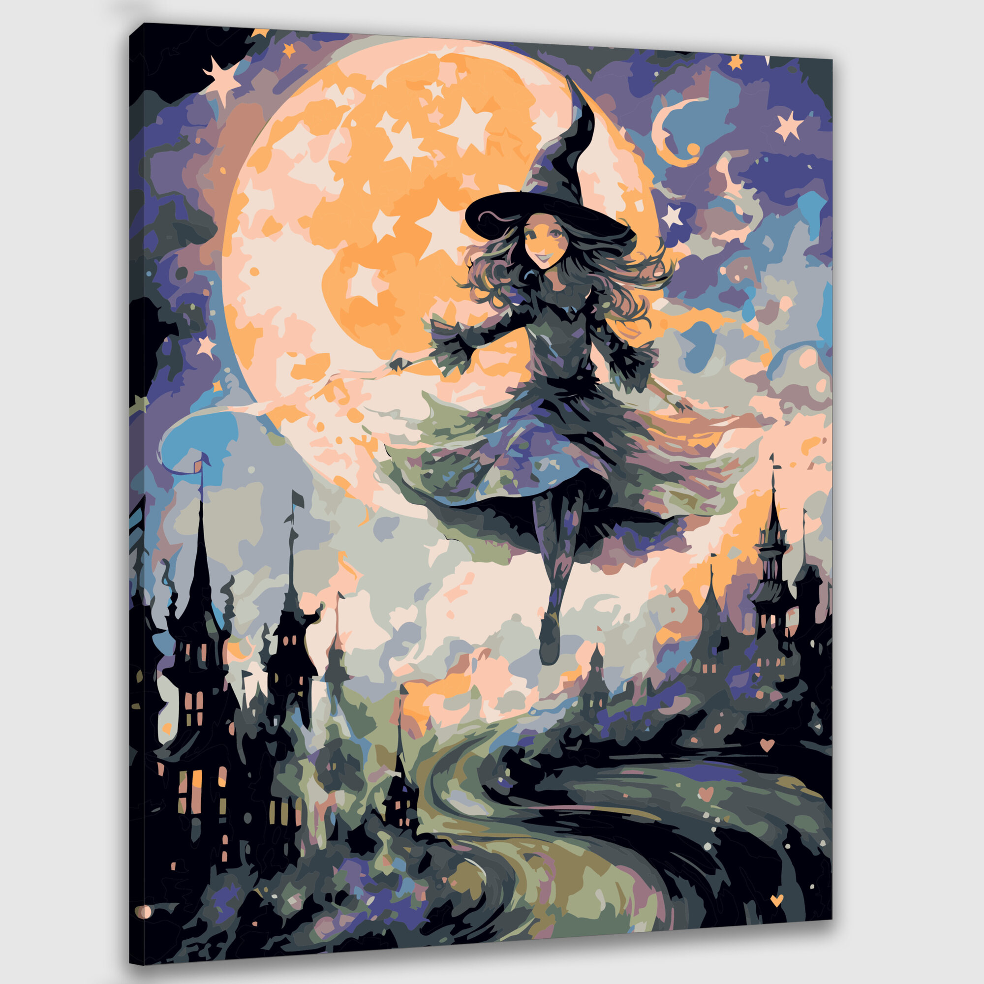Картина по номерам 40x50 см, ведьма, метла, луна, заклинания, блестки, шляпа, одежда, очарование