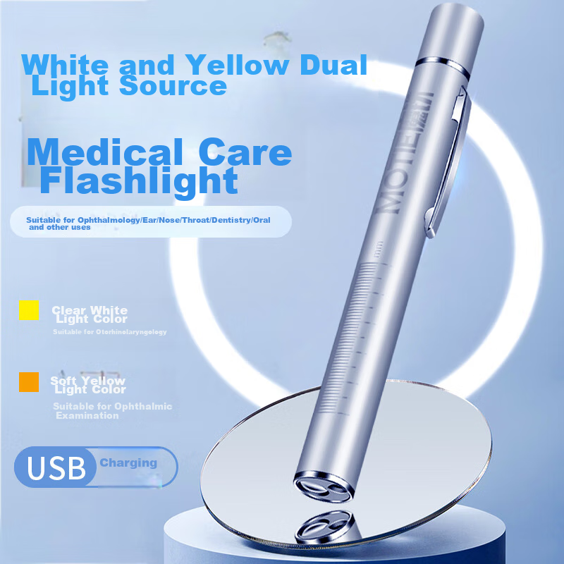 MOTIE Pupillary Pen Light, Medical Flashlight, Specialized for Otolaryngology, Eye, Oral And Dental Examination, Rechargeable, Yellow And White Light, for Doctors And Nurses, Morning Check