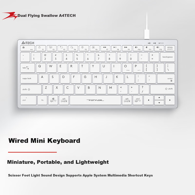 A4TECH FX51 Wired Mini Keyboard for Laptop Office Typing Portable Short 78-Key Scissor-Switch Keyboard White