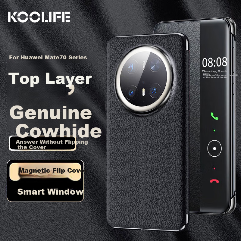 KOOLIFE Genuine Leather Flip Case with Smart View Window and Camera Lens Cover for Huawei Mate 70 RS Porsche Design - Black