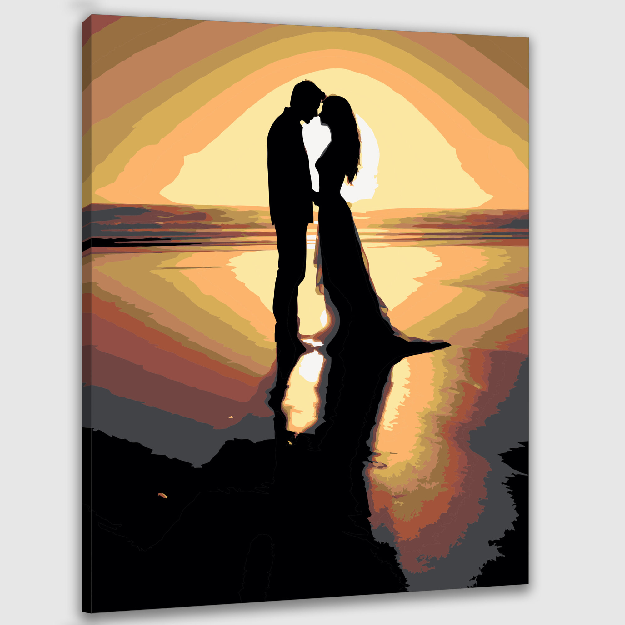 Картина по номерам 40x50 см, молодая пара, пустынный пляж, закат, силуэты, тени, песок, обнимаются, лелеют