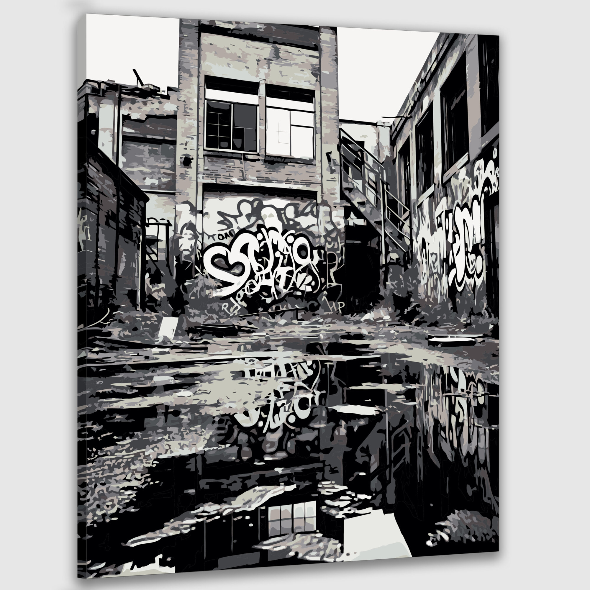 Картина по номерам 40x50 см, черно-белая фотография, заброшенное здание, граффити, городской упадок