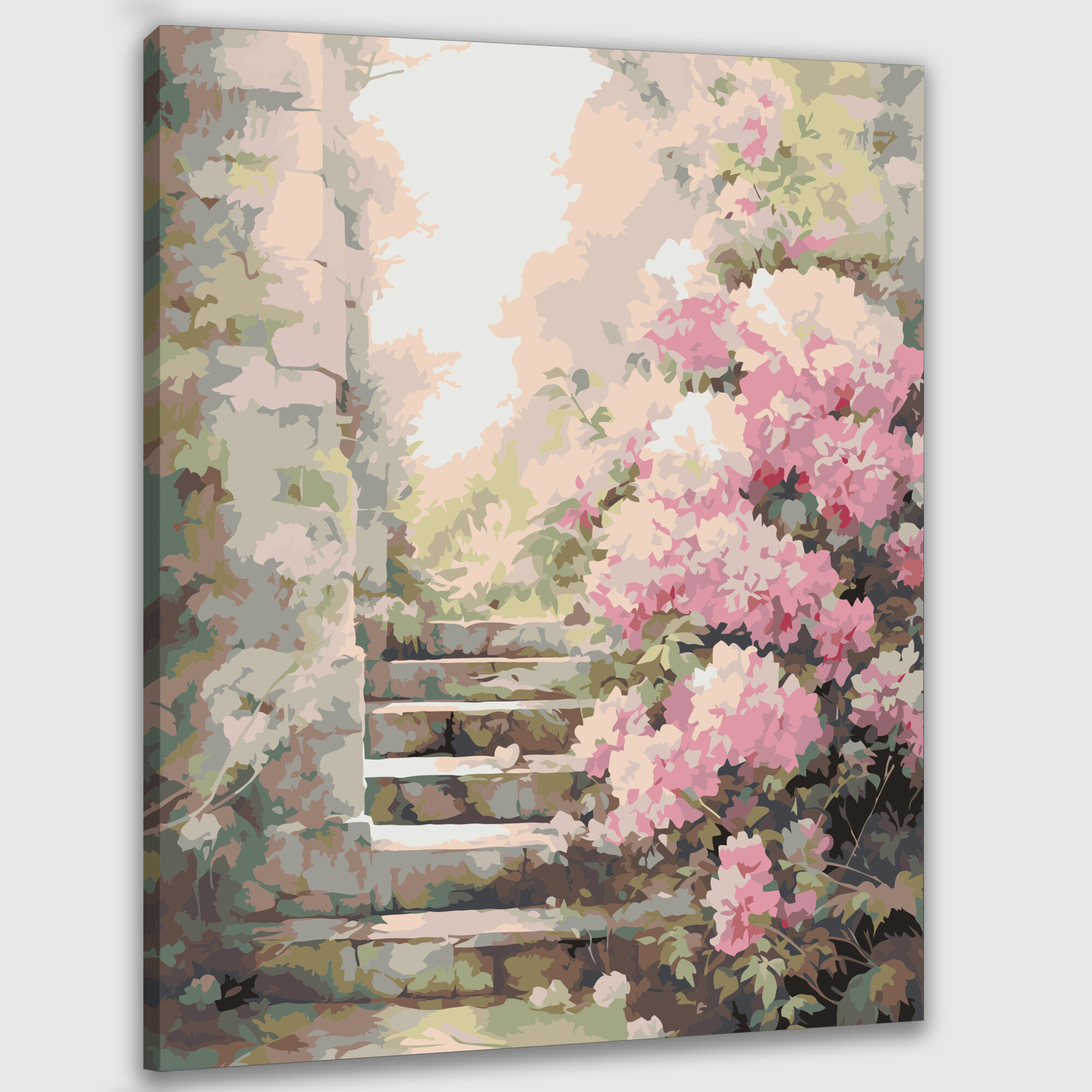 Картина по номерам 40x50 см, акварель, сад, пионы, цветение, лепестки, розовый, белый, пурпурный, каменная стена, мох