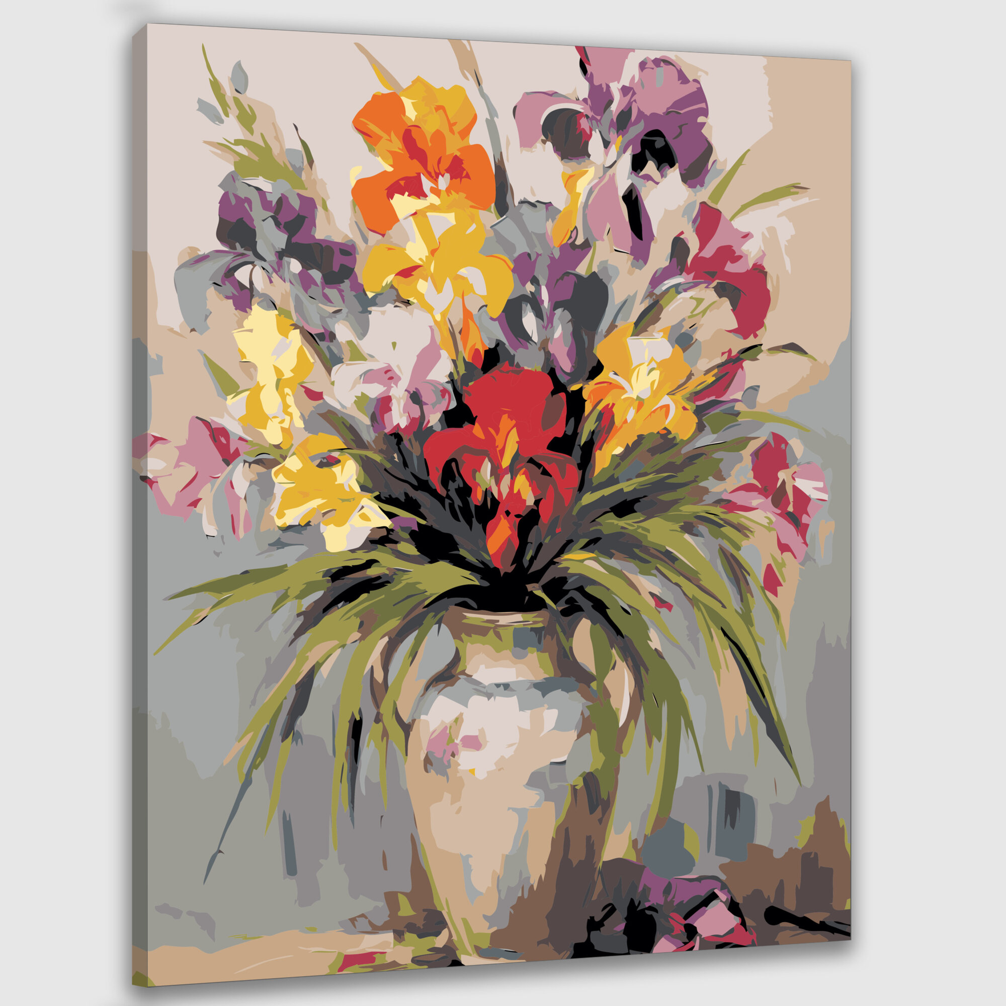 Картина по номерам 40x50 см, картина, масло, весенний букет, смелые мазки, насыщенные цвета, ирисы, маки