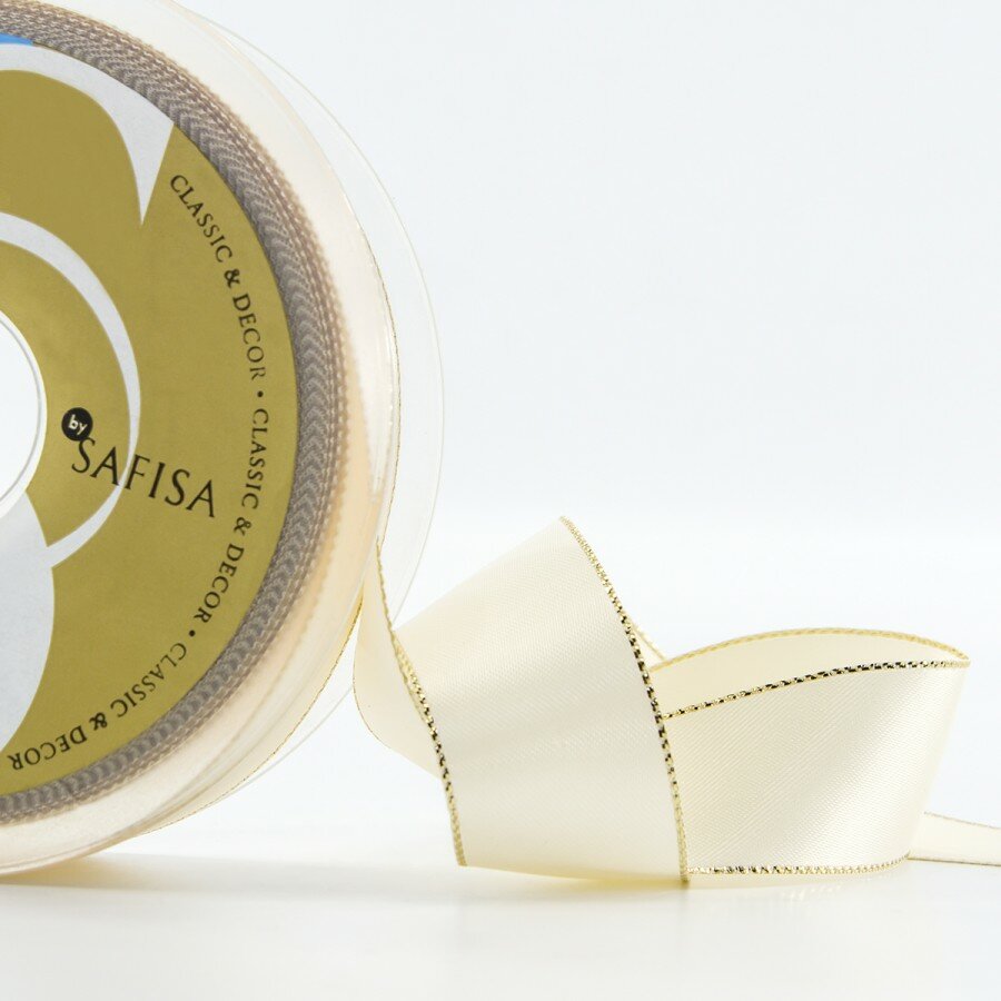 Лента атласная SAFISA с люрексным кантом по краям, 25 мм, 25 м, цвет 56, кремовый