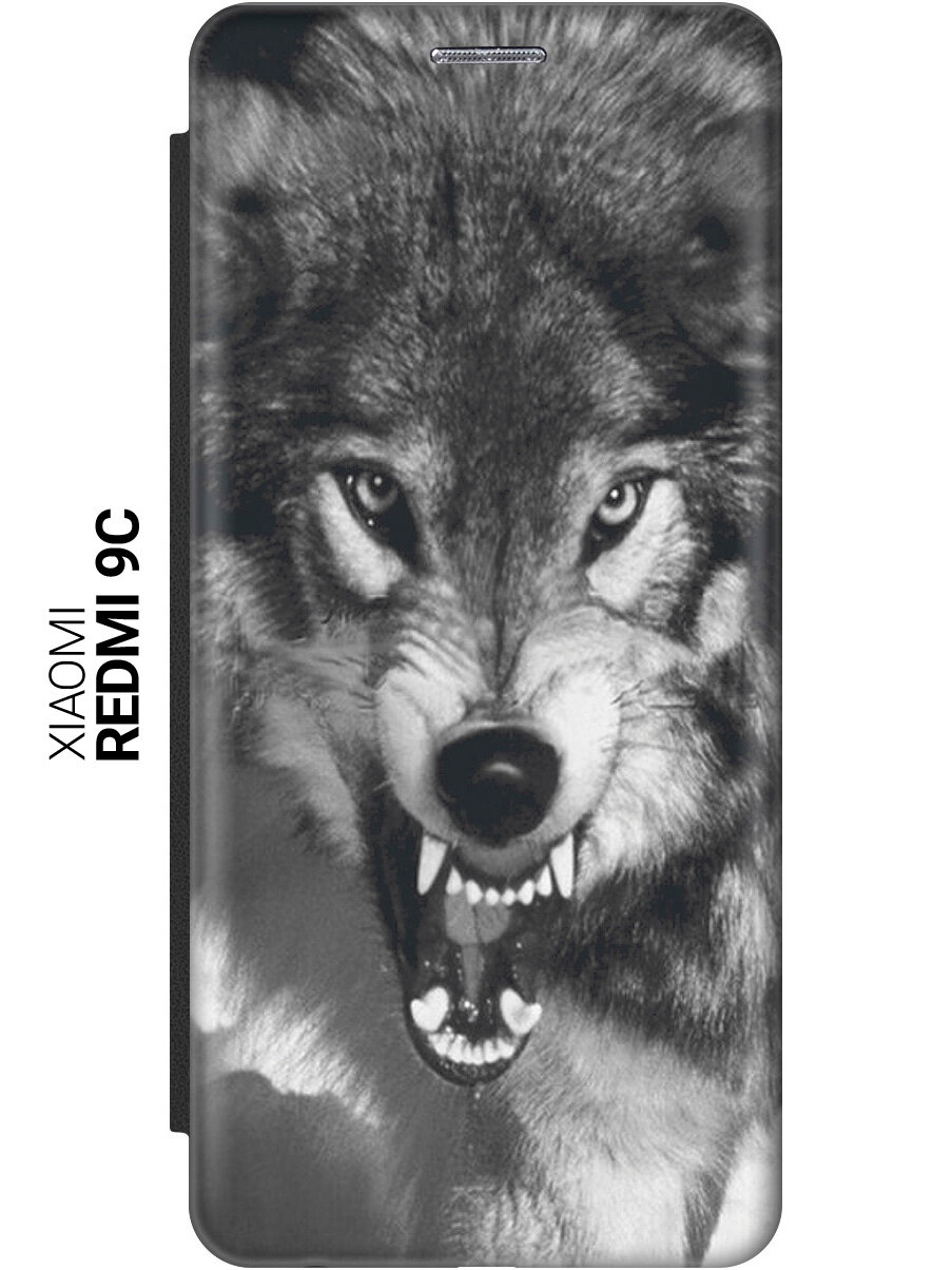 Чехол-книжка на Xiaomi Redmi 9C, Сяоми Редми 9С с 3D принтом "Волчий оскал" черный