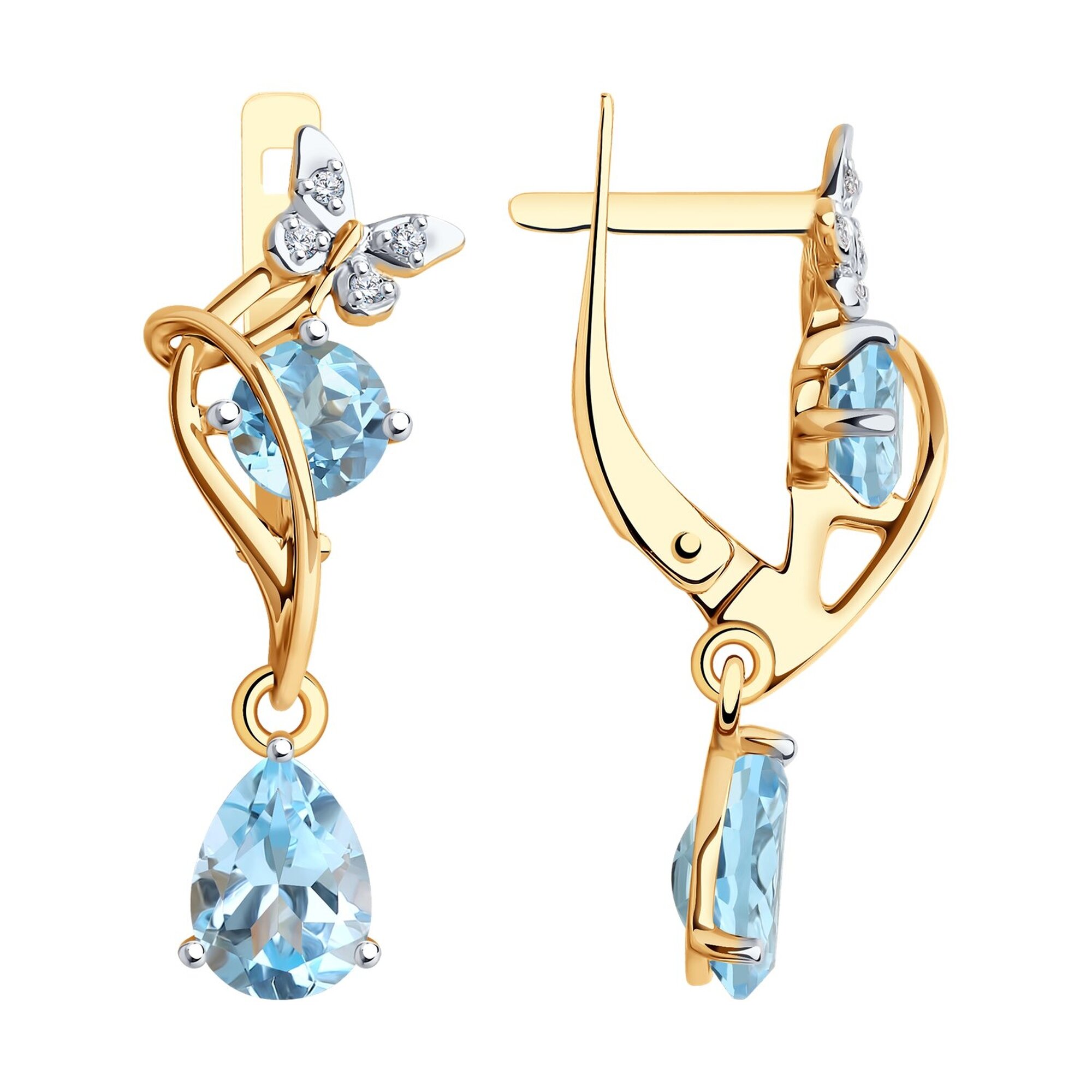 Серьги, красное золото, 585 проба, фианит, топаз