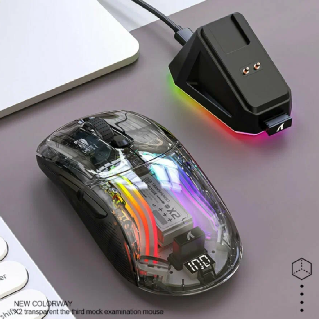 Беспроводная игровая мышь Attack Shark X2PRO с док-станцией, Bluetooth + 2.4Ghz USB, черный/прозрачный