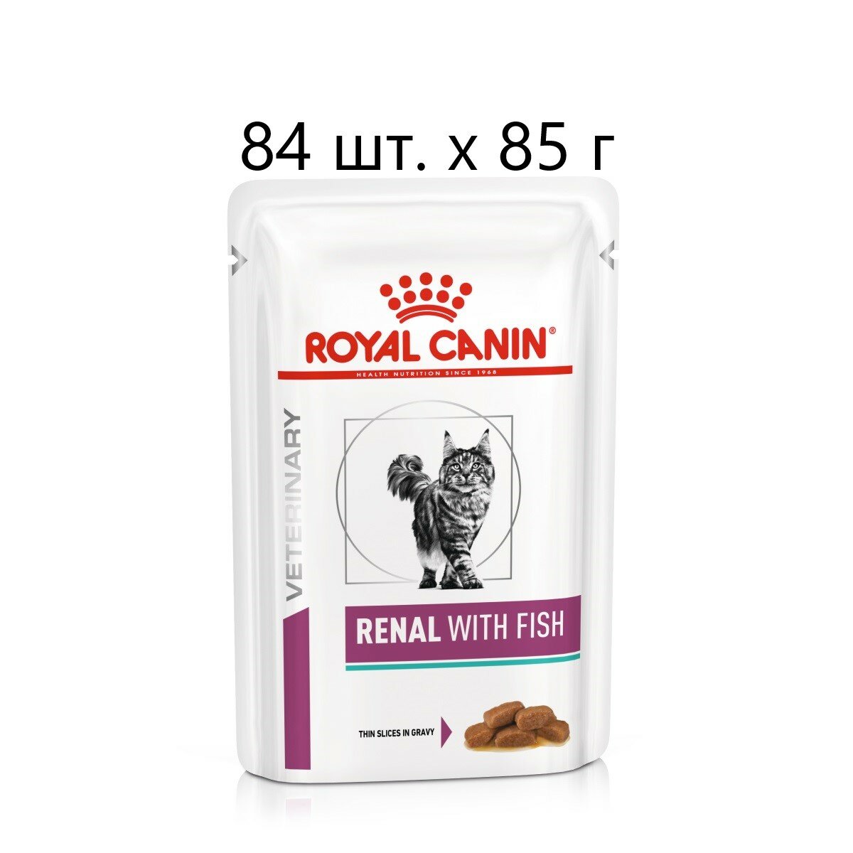 Влажный корм для кошек Royal Canin Renal whit fish, при проблемах с почками, c рыбой, 84 шт. х 85 г (кусочки в соусе)