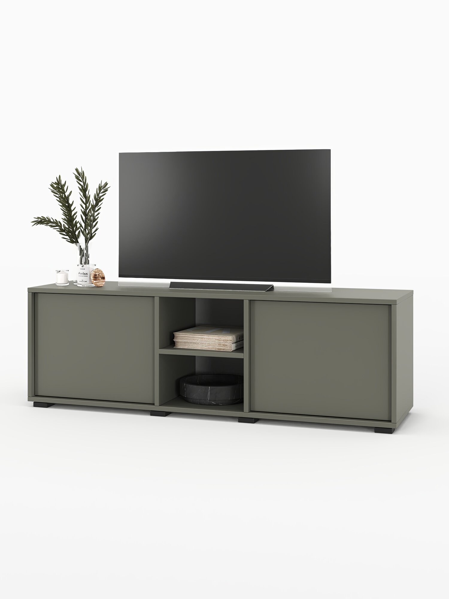 Есэндвич Grand Лаворо 2 Тумба ТВ 130х42х35 см (Хаки) с полками, с дверцами, для гостиной