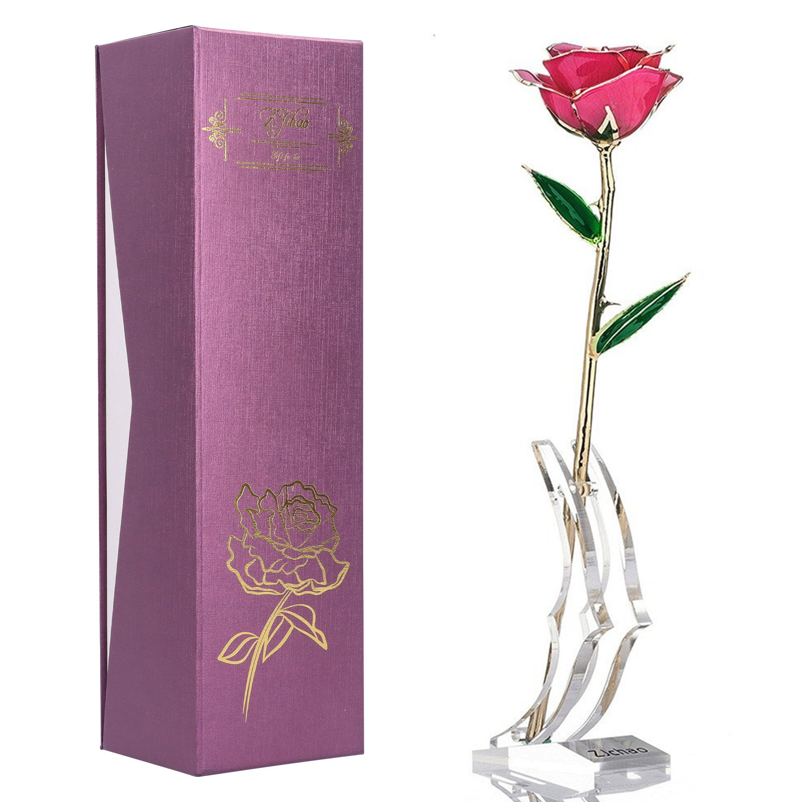 24K GoldPlated Rose Flower Pink Green Leaf for Valentine's Day Gift Decoration with Base