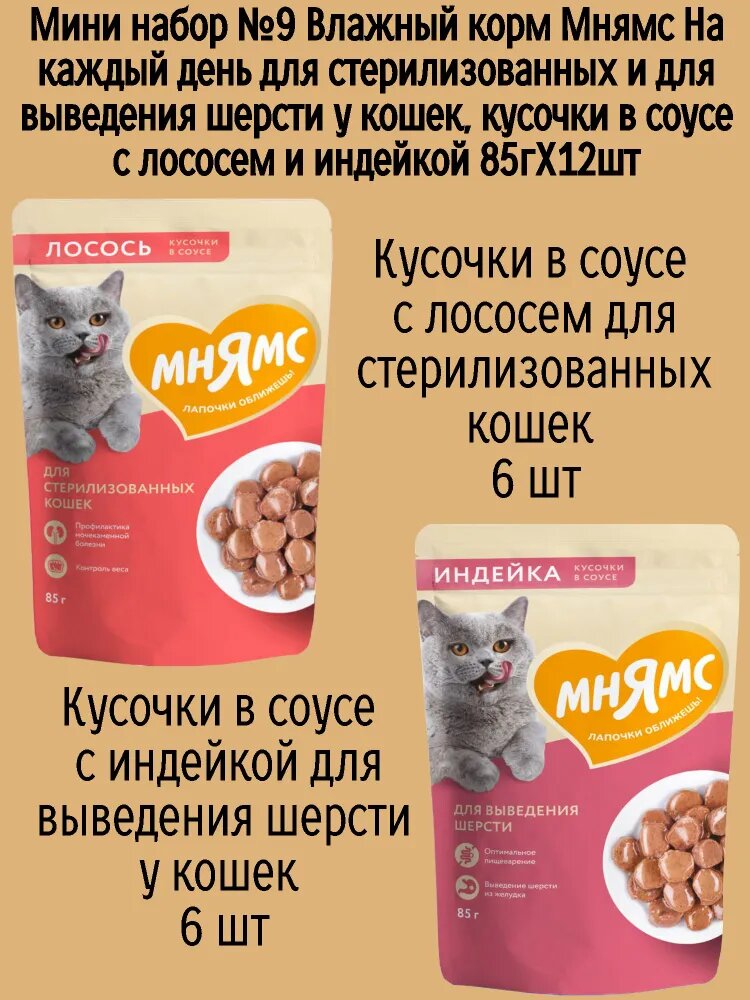 Мини набор №9 Влажный корм Мнямс для стерилизованных кошек, кусочки в соусе с лососем и индейкой, 12 шт х 85 гр