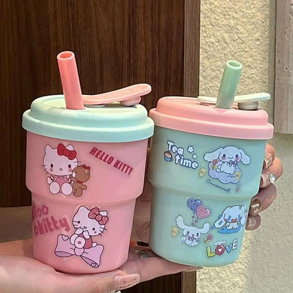 Кружка Hello Kitty розовая с трубочкой 1 шт, для офиса и дома, с дизайном Китти — фото 1