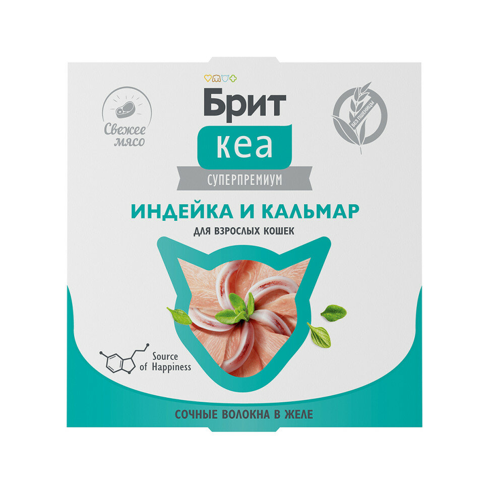 Брит Кеа влажный дополнительный корм для взрослых кошек с индейкой и кальмаром, волокна в желе - 75 г х 12 шт