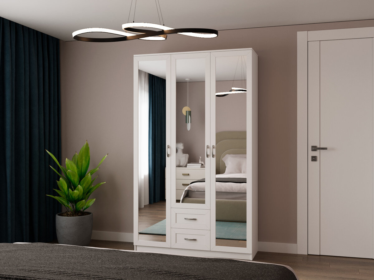 Шкаф распашной Стелла-3 Белый для одежды с зеркалом трехдверный 150*200*40