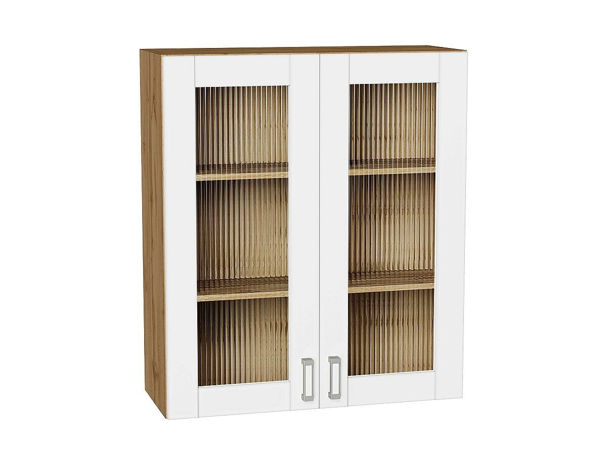 Шкаф верхний с 2-мя остекленными дверцами Лофт, цвет фасада White Silk, цвет каркаса Дуб Вотан, стекло Magic Moru V, 920*800*320 мм