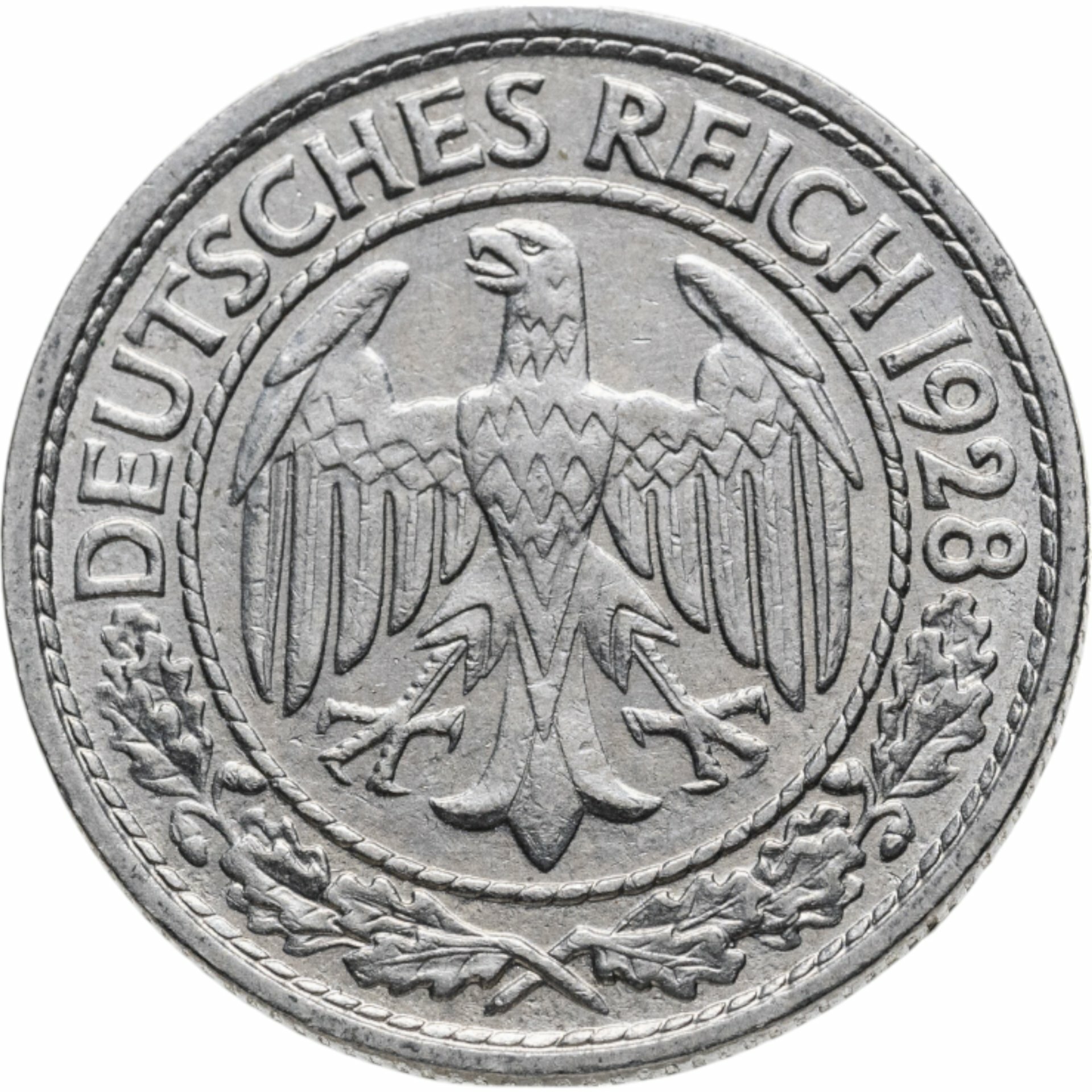 Германия 50 рейхспфеннигов reichspfennig 1928, знак монетного двора "А" — Берлин, Никель, в сохранности XF-AU