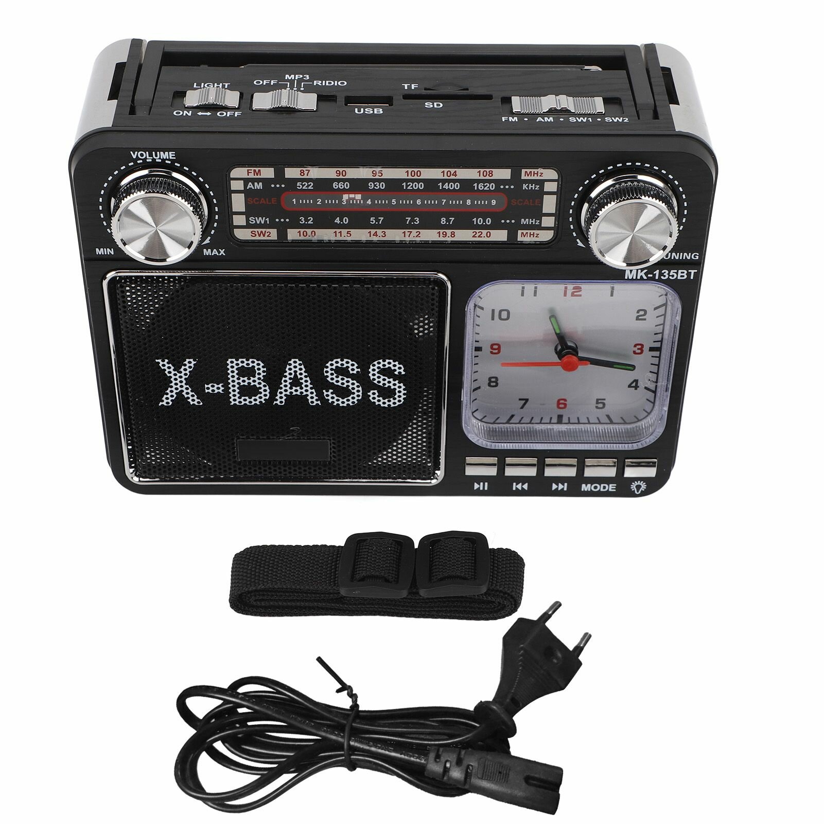 Черное радио AM FM SW в стиле ретро со световыми часами, беспроводным подключением BT, ручной настройкой, портативной вилкой европейского стандарта, 220 В
