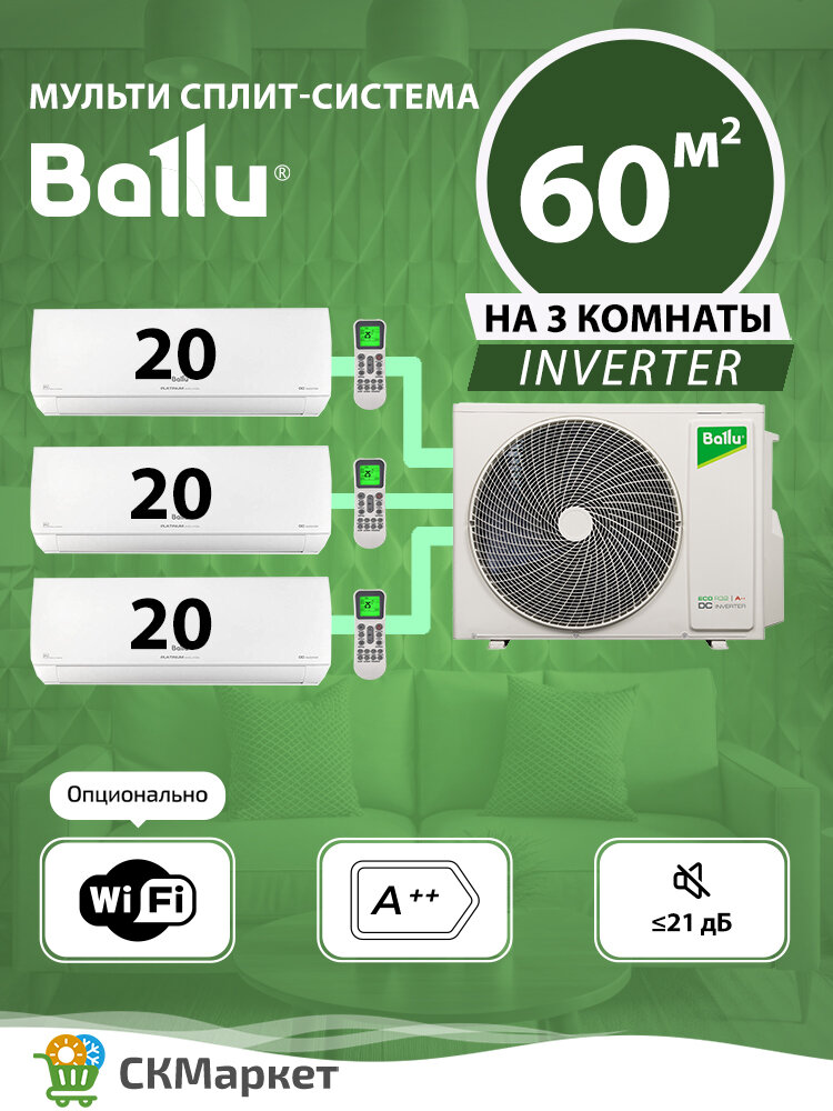 Технологичная мульти сплит система инвертор (кондиционер) на 3 комнаты (20+20+20) кв. м. Ballu Platinum Evolution BSUI-FM/in-07HN8/EU/ BA3OI-FM/out-21HN8/EU, комплект белого цвета