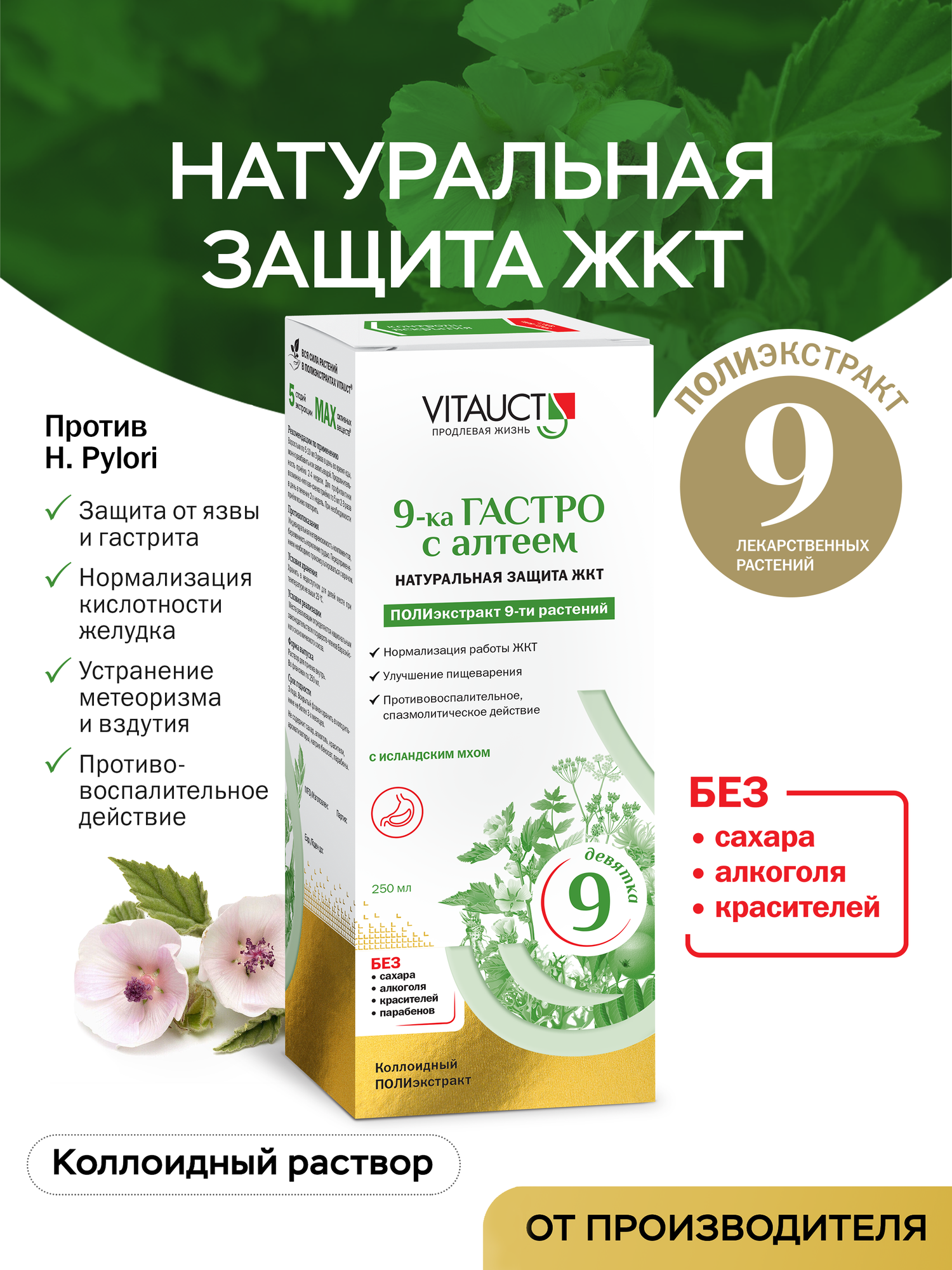 9-ка гастро с алтеем витаукт при расстройствах ЖКТ, при вздутии живота, для микрофлоры кишечника, желчегонное
