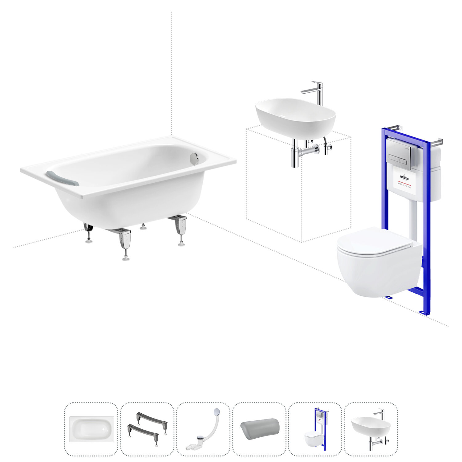 Стальная ванна 105х70 Sanitana BLB Europa 20220761R в наборе 6 в 1: металлическая ванна 105 х 70 см, ножки, слив-перелив, подголовник, инсталляция с унитазом, раковина с комплектом для подключения