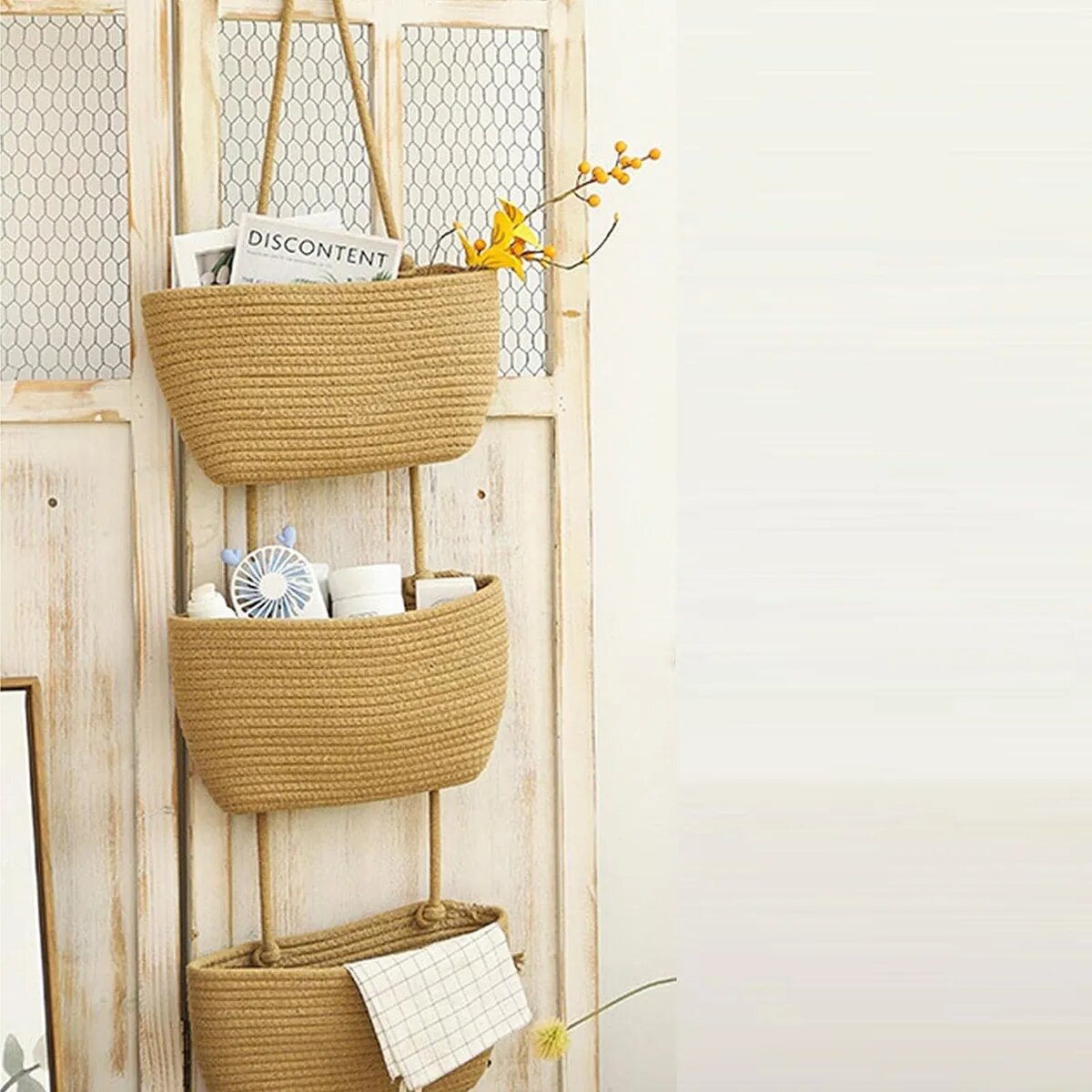 Подвесная корзина над дверью, 3-слойный тканый органайзер для хранения хлопка, декоративная кухонная корзина