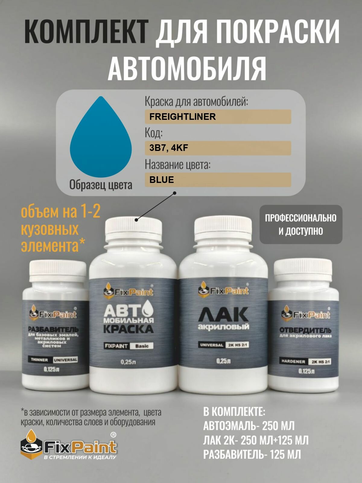 Комплект для покраски FREIGHTLINER, код 3B7, 4KF, BLUE, базовая автомобильная эмаль 250 мл, лак 2K 250 мл с отвердителем, разбавитель 125 мл, FixPaint Pro