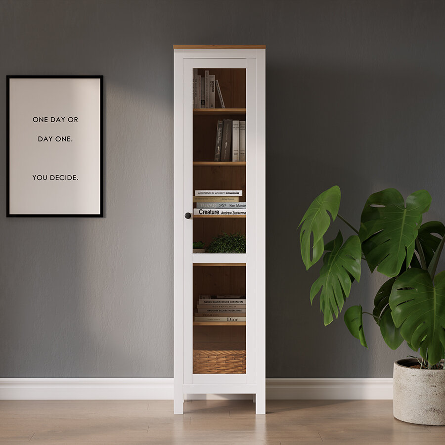 Шкаф-витрина Хемнэс/Кымор, ст/ст 48х197х36 см, белый/светло-коричневый