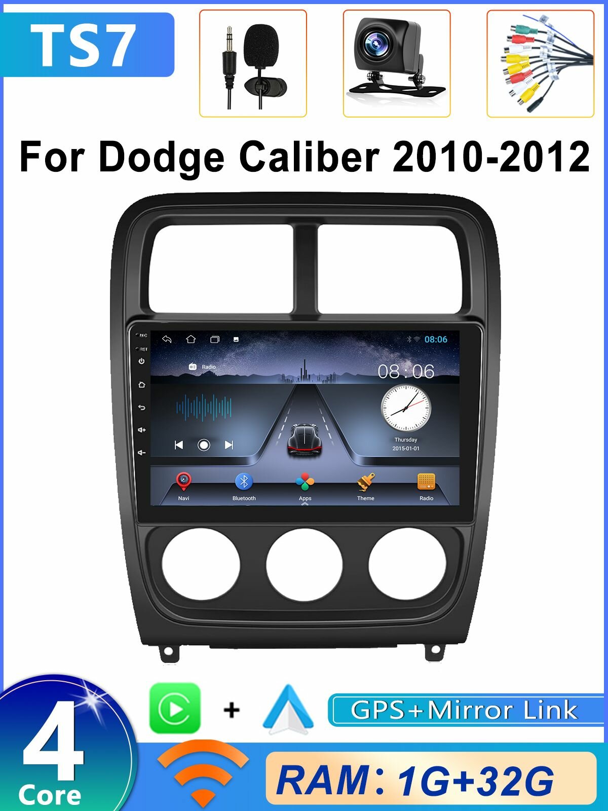 Автомагнитола Dodge Caliber 2010-2012, Bluetooth Wi-Fi Сенсорные кнопки , Серебристый CARPLAY IPS