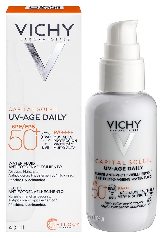 Vichy Capital Soleil UV-Age Daily Невесомый солнцезащитный крем-флюид для лица с пептидами и ниацинамидом против признаков фотостарения, SPF 50+, 40 мл