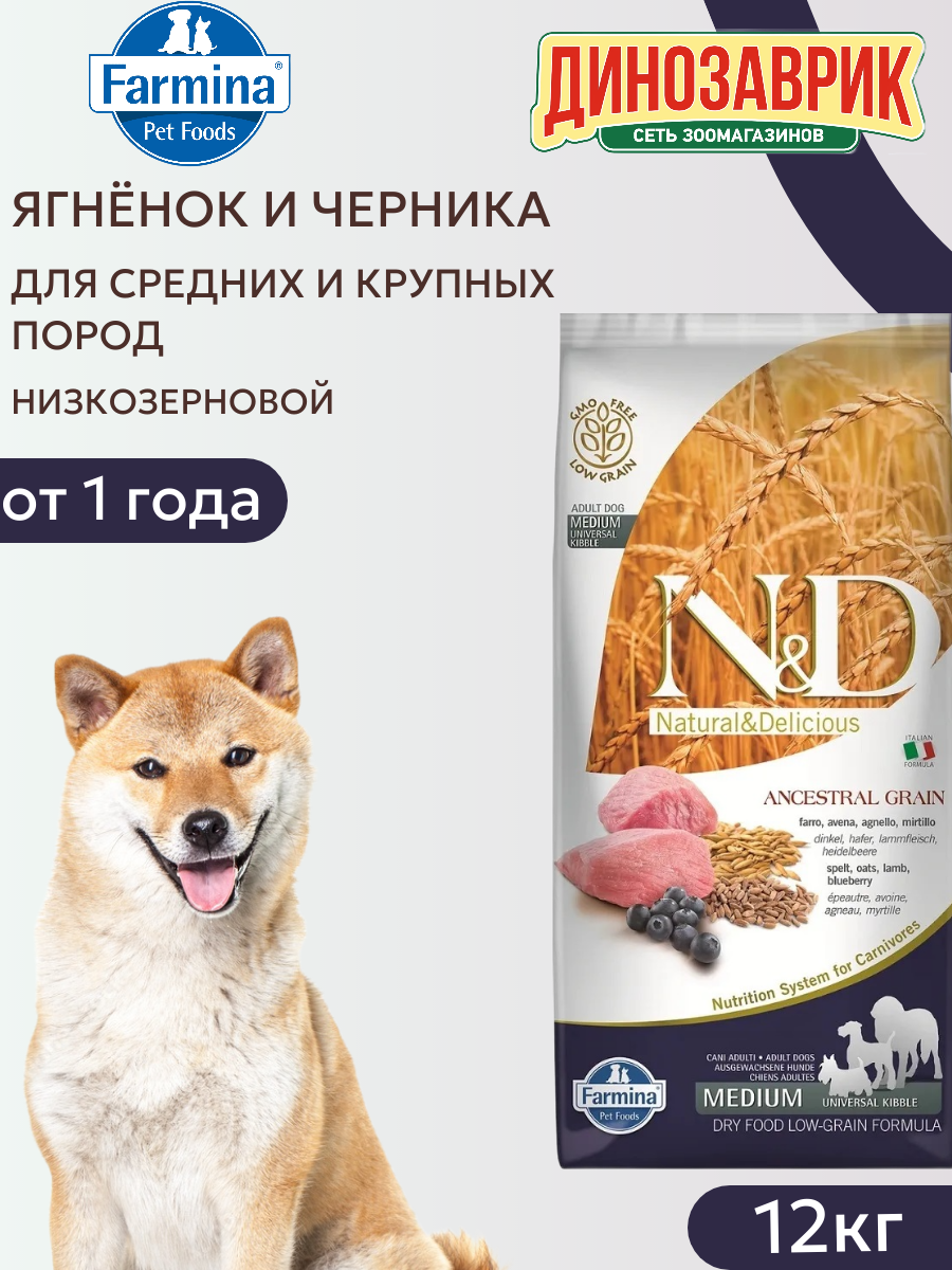 Сухой корм Farmina N&D Adult Medium & Maxi для собак средних и крупных пород, ягненок и черника, низкозерновой 12кг