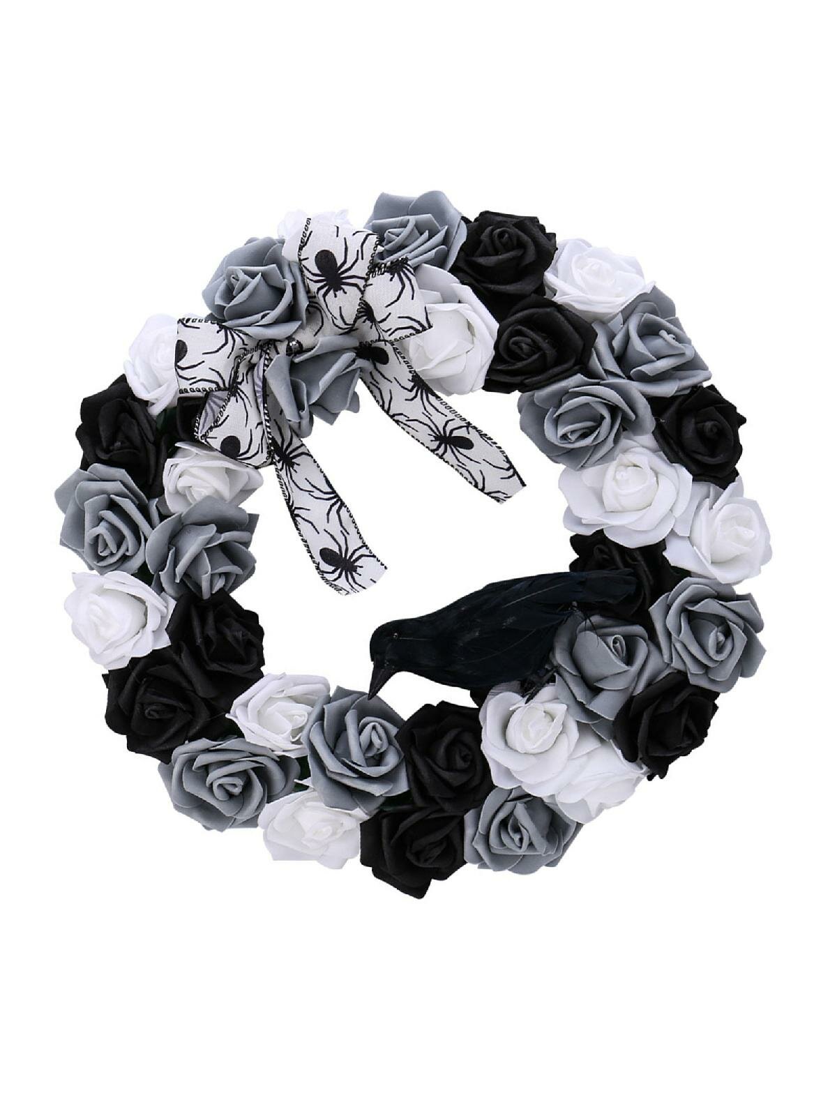 Венок у входной двери, Венок на Хэллоуин, черно-белая роза, Ворона, Висячие украшения,