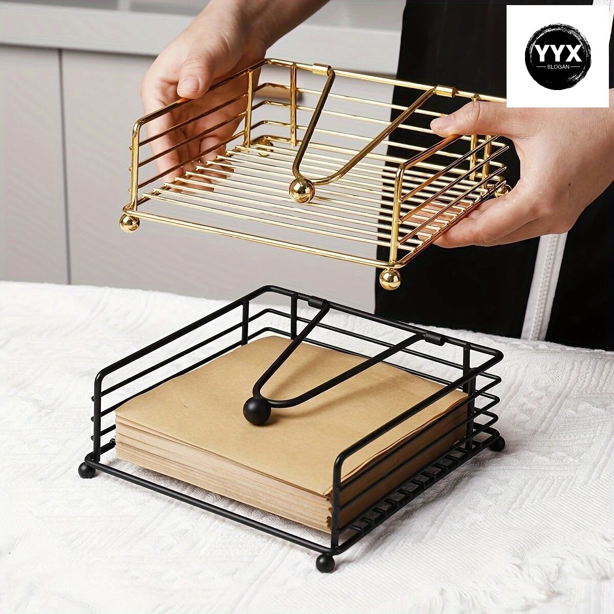 Салфетница на стол металлическая золотая кухонная подставка лофт, держатель для бумажных салфеток.