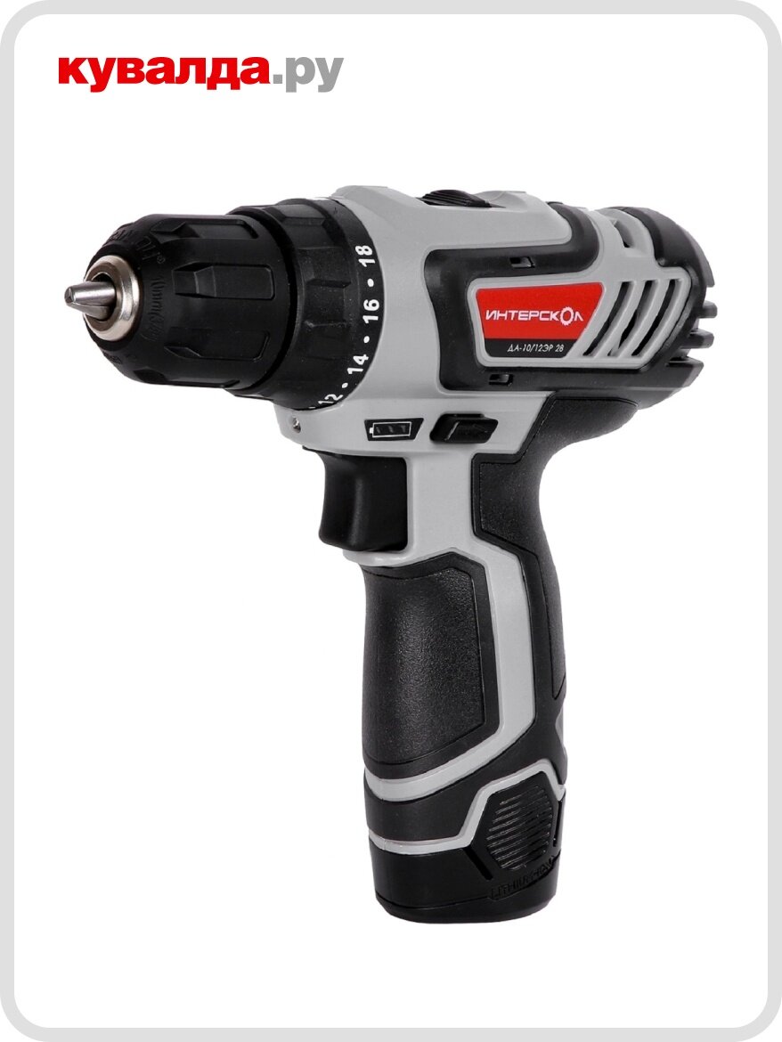 Дрель-шуруповерт аккумуляторная ИНТЕРСКОЛ ДА-10/12ЭР 28 промо, с 2 АКБ 2 Ач и ЗУ