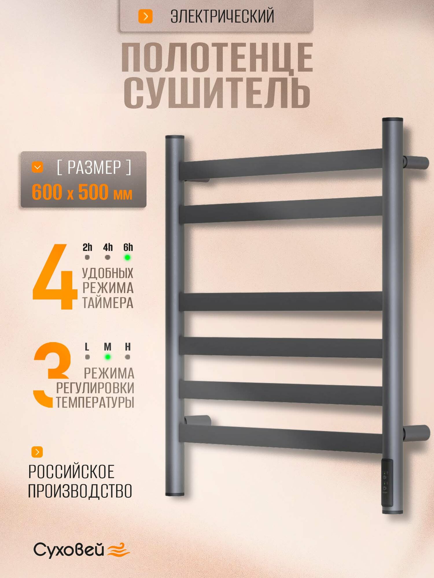 Полотенцесушитель электрический Суховей Соната SSF65001GM 60x50 см, графит матовый / Сушилка для полотенец в ванную, лесенка с терморегулятором