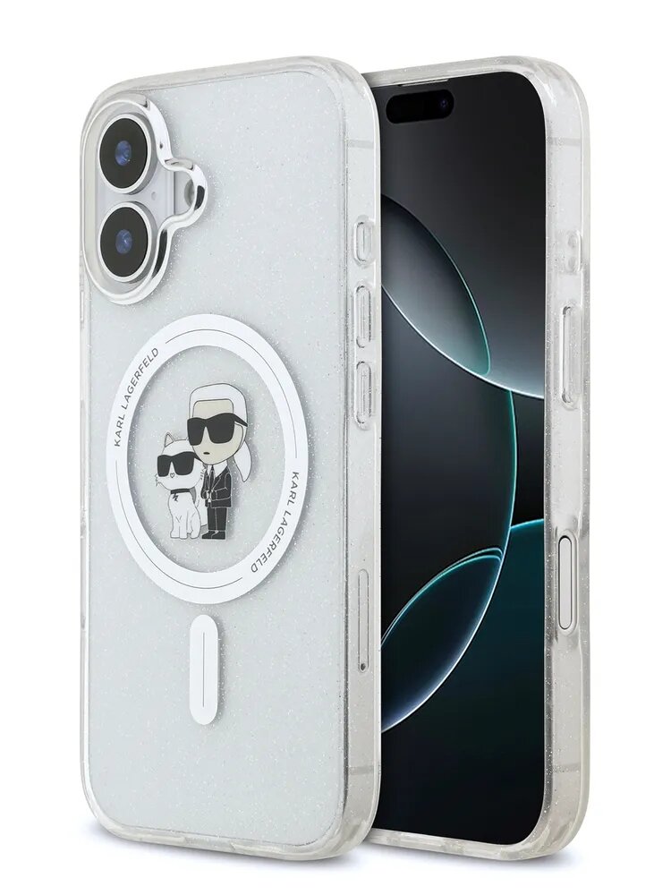 Karl Lagerfeld чехол с блестками для iPhone 17, IML NFT Karl & Choupette, прозрачный (MagSafe)