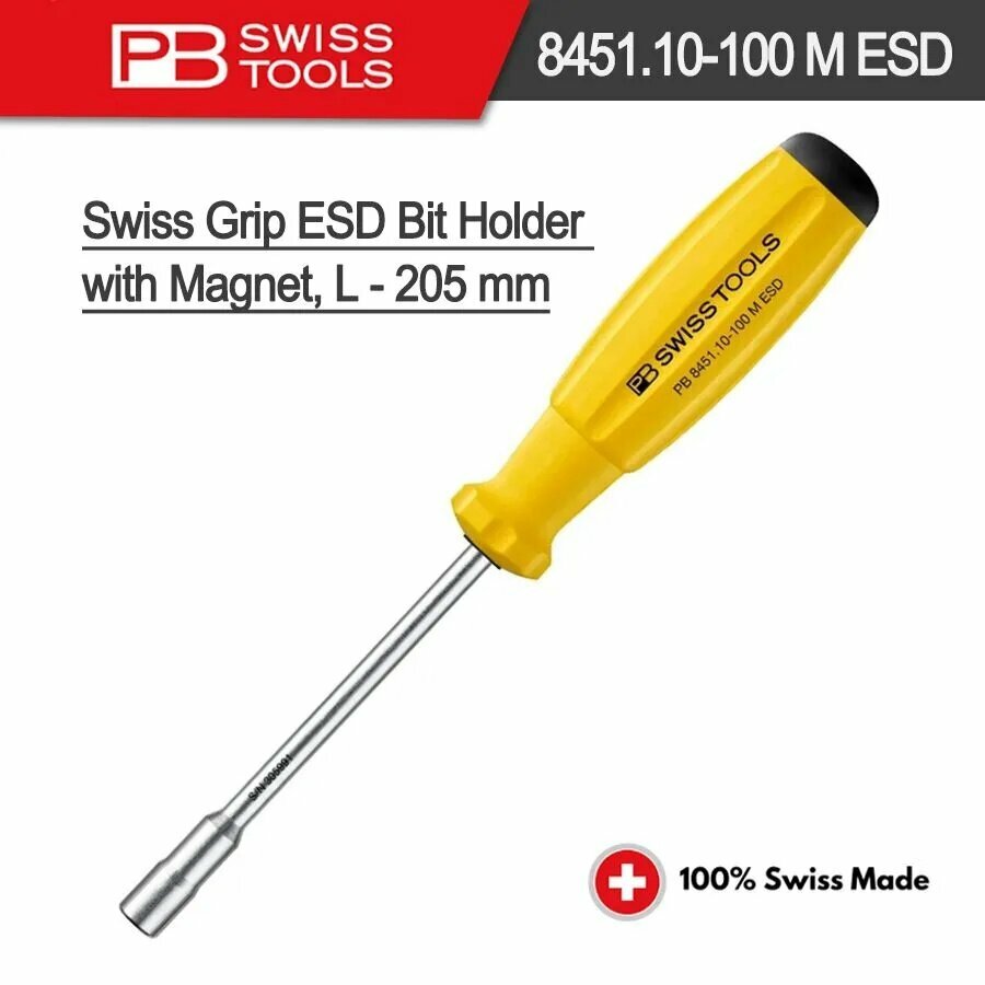 PB SWISS Отвертки с магнитными насадками ESD для работы в зонах защиты от электростатического разряда, Длина 205 мм, NO.8451 10-100 M ESD