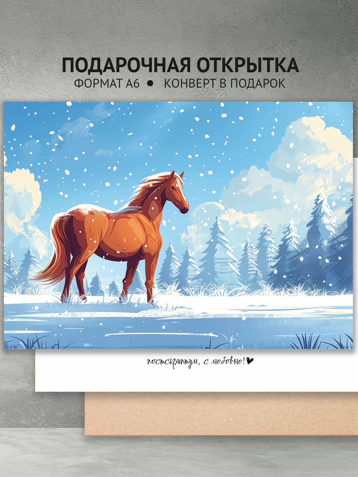 Подарочная открытка с уникальной иллюстрацией лошади на день, рождения, юбилей, Новый год, без повода или для коллекционирования