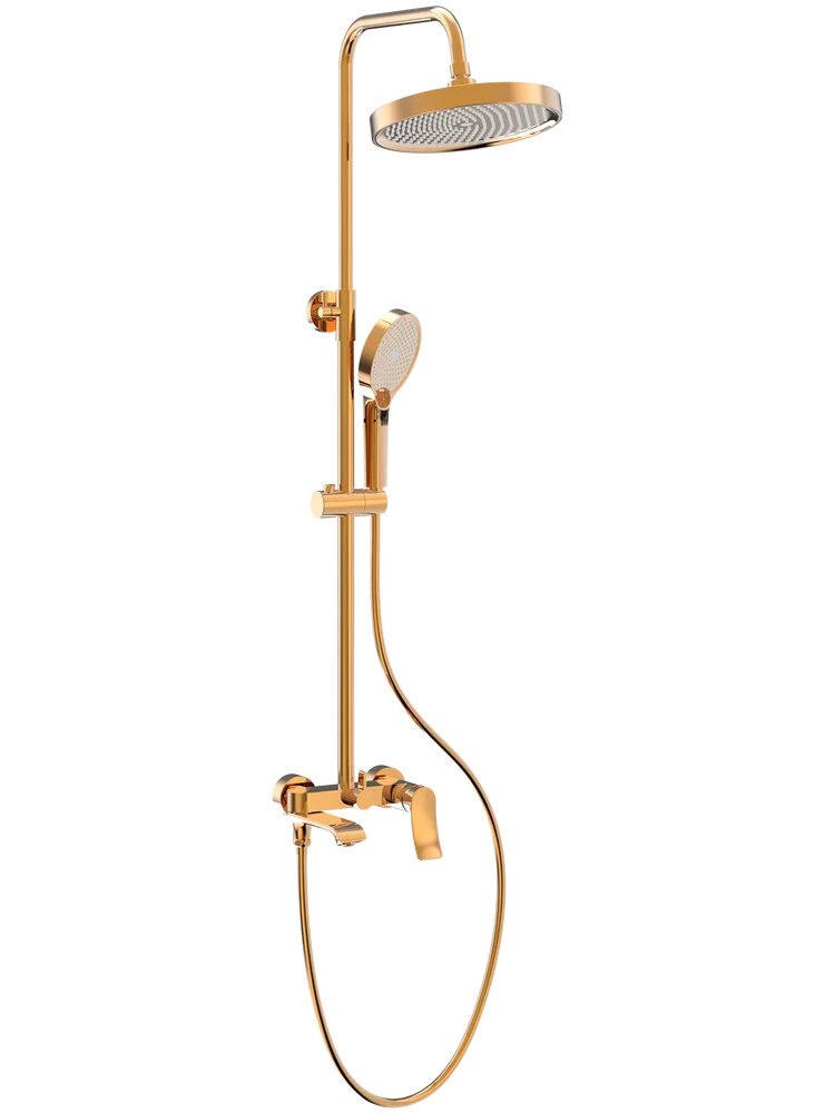 Душевая стойка Haiba HB24553-5 со смесителем, золотая, матовая, душевая система с тропическим душем, с изливом, с лейкой, латунная, рычаг сбоку