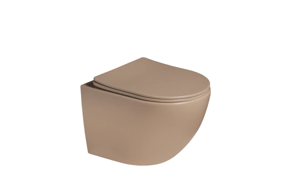 Унитаз подвесной SantiLine SL-5005T-KH с микролифтом, безободковый, без бачка, антивсплеск, фарфоровый, бежевый, коричневый, матовый, овальный, сиденье для унитаза в комплекте