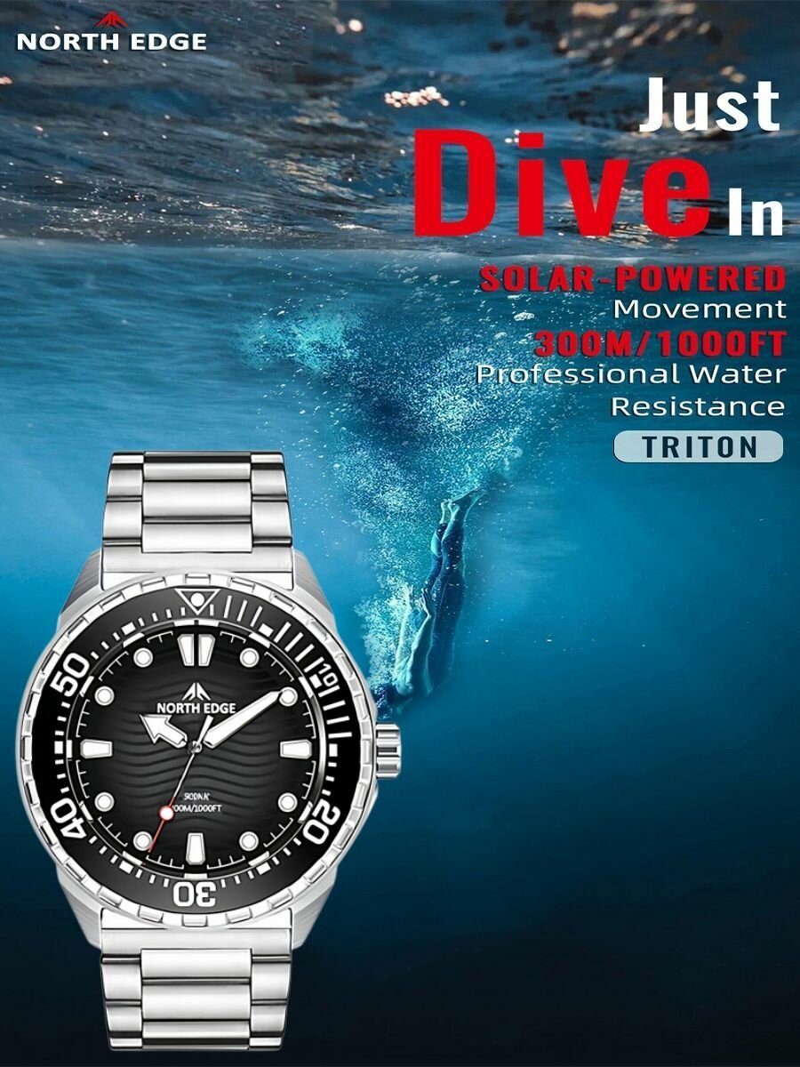 NORTH EDGE 2025 Новые мужские часы для дайвинга TRITON на солнечных батареях
