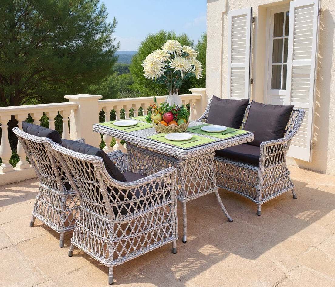 Комплект плетеной мебели из искусственного ротанга "Лайм" на 4 персоны с подушками Стол+Лавка+2 кресла (цвет Березка)