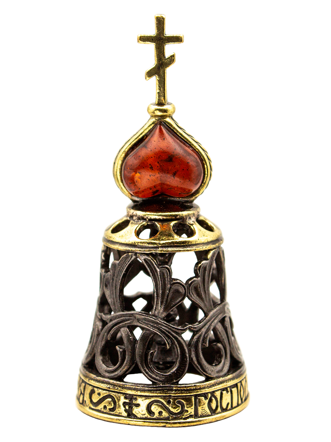 Звонкий сувенирный колокольчик с янтарем Спаси и Сохрани (латунь, бронза)