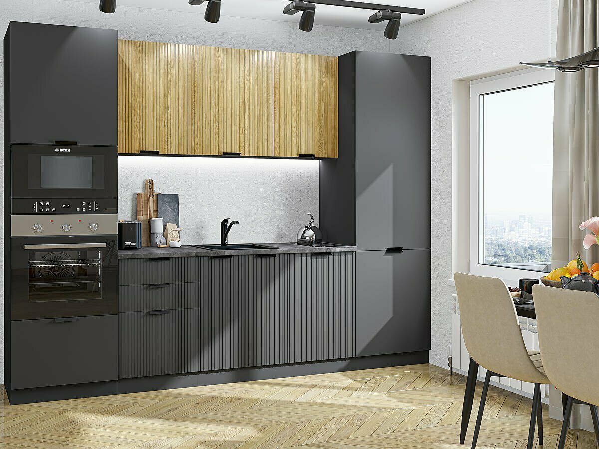 Кухня модульная прямая 2.8 м. Евро Лайн-01 Готовый кухонный гарнитур без столешницы 2140*2800*600 Дуб песочный-Антрацит