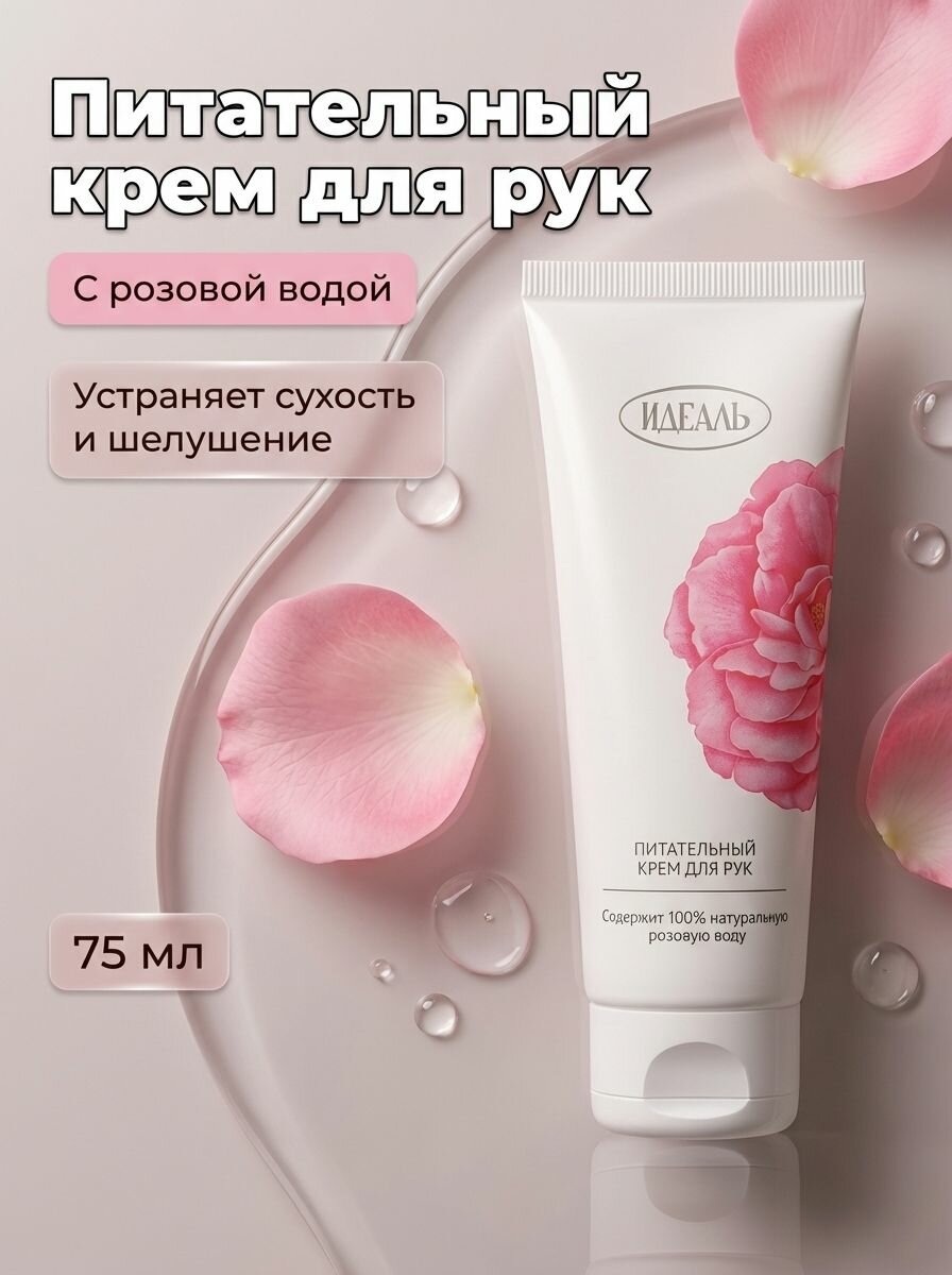 Крем для рук питательный с розовой водой, маслом ши и витамином F для интенсивного увлажнения и восстановления кожи, 75 мл