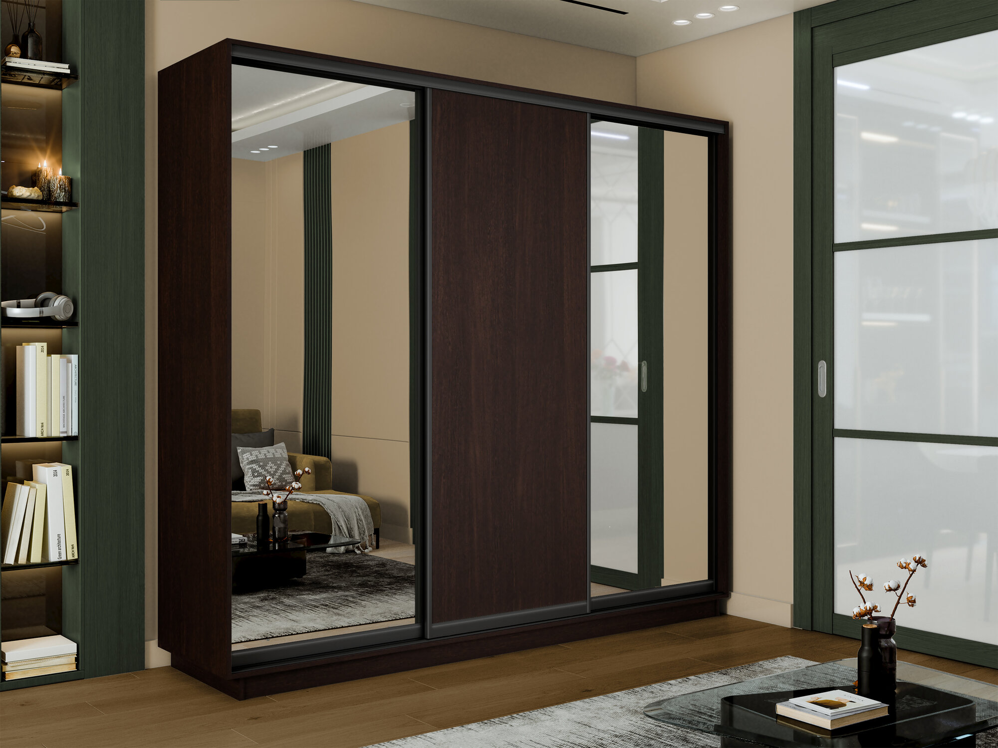 Шкаф купе Вилли 3-х дверный ЛДСП, (2-зеркала/ДСП) , профиль черный 180 см х 240 см х 60 см (Венге)